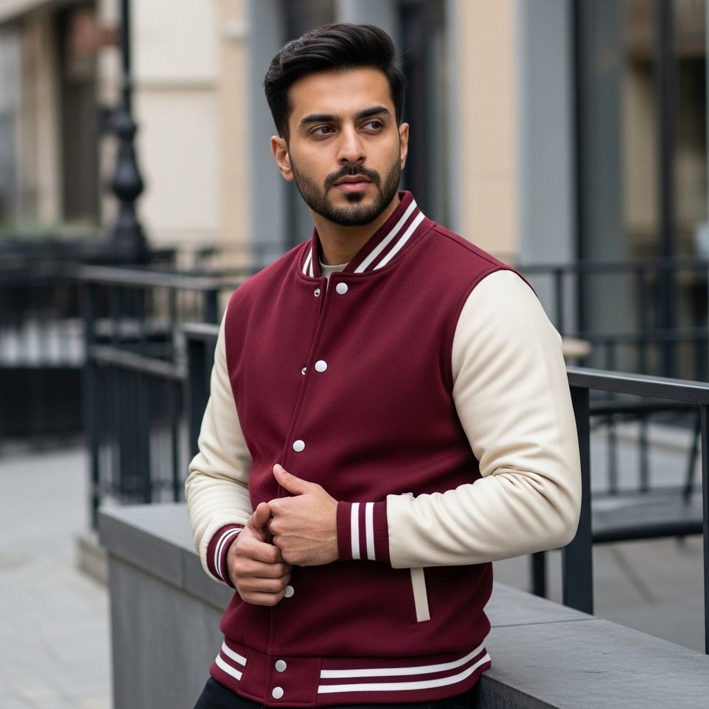 Maroon and White Baseball Jacket – NJ Mens