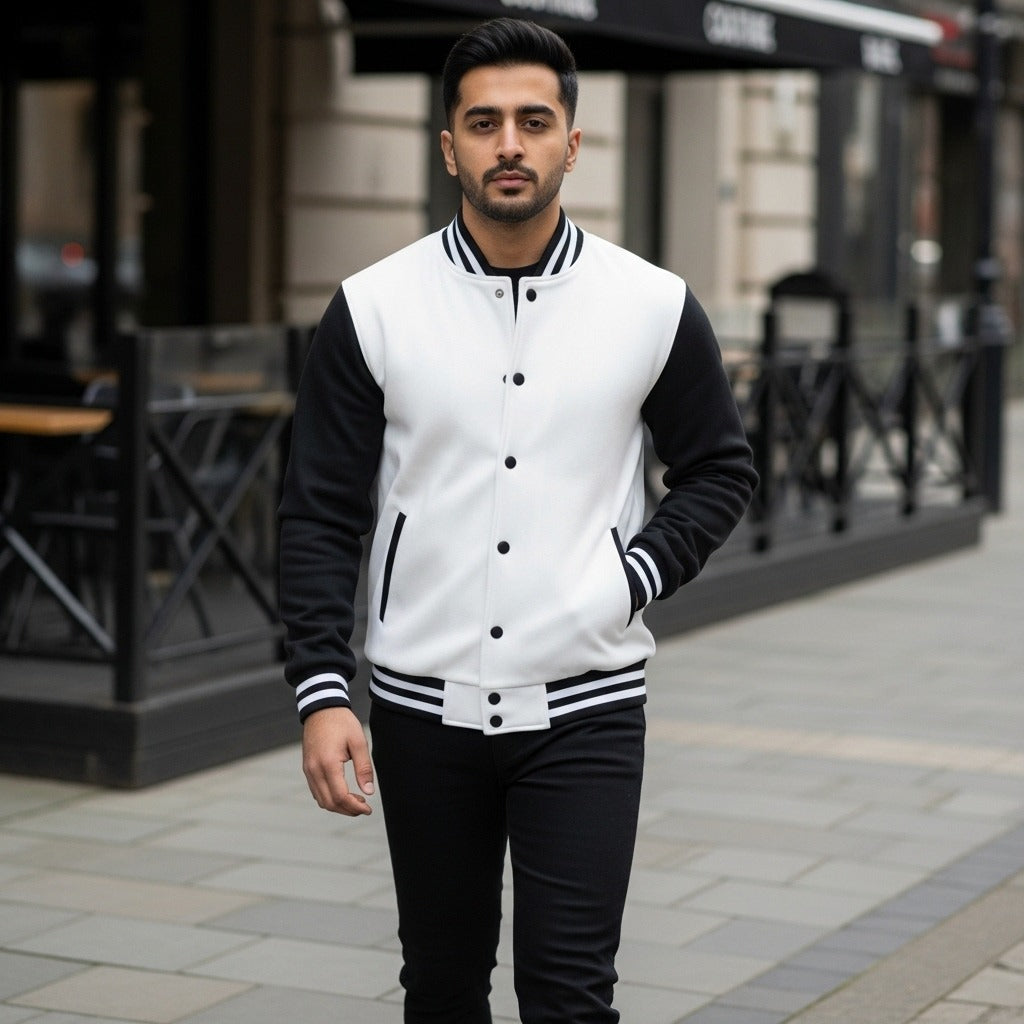 White and Black Baseball Jacket – NJ Mens